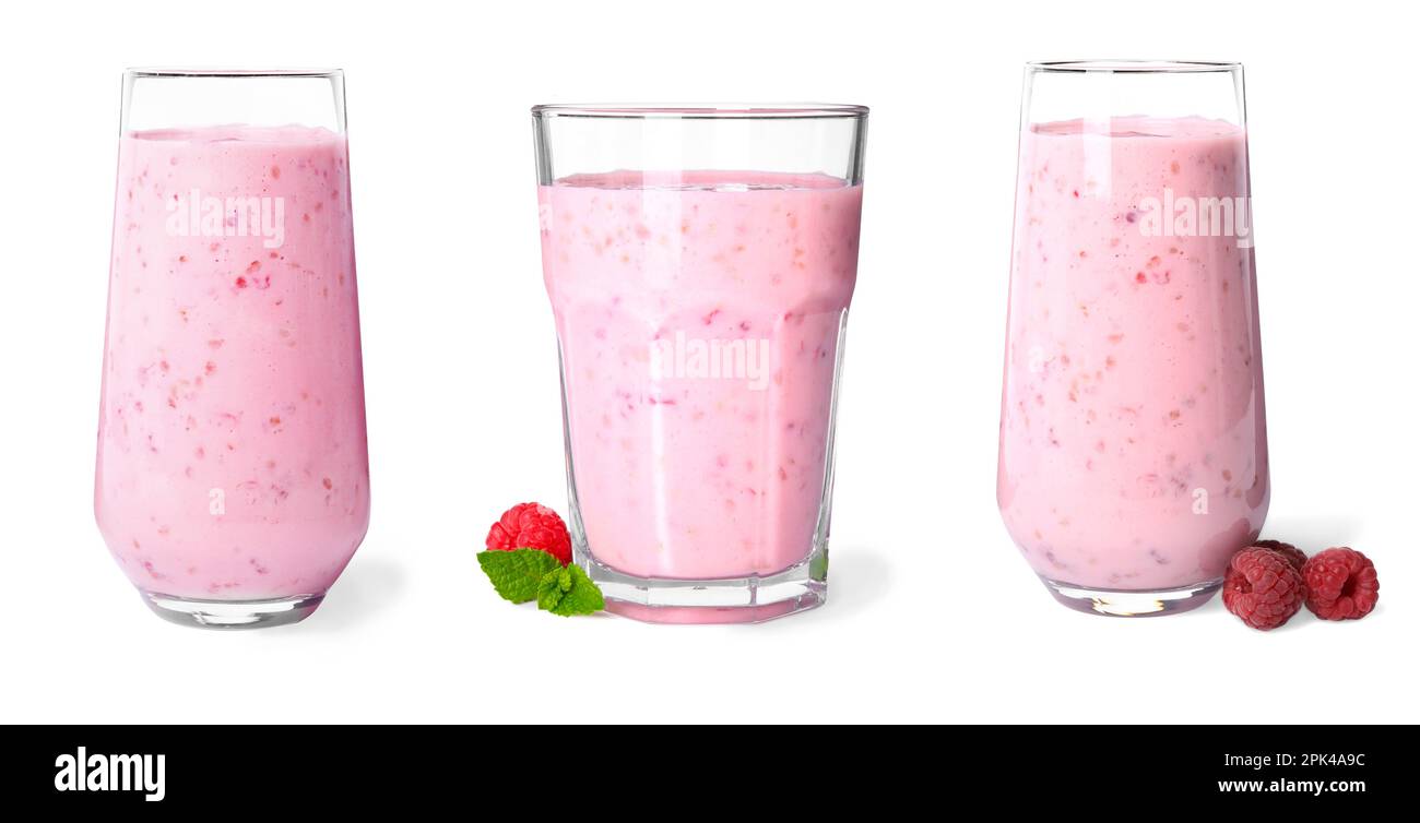 Set with tasty raspberry smoothie on white background. Banner design ...