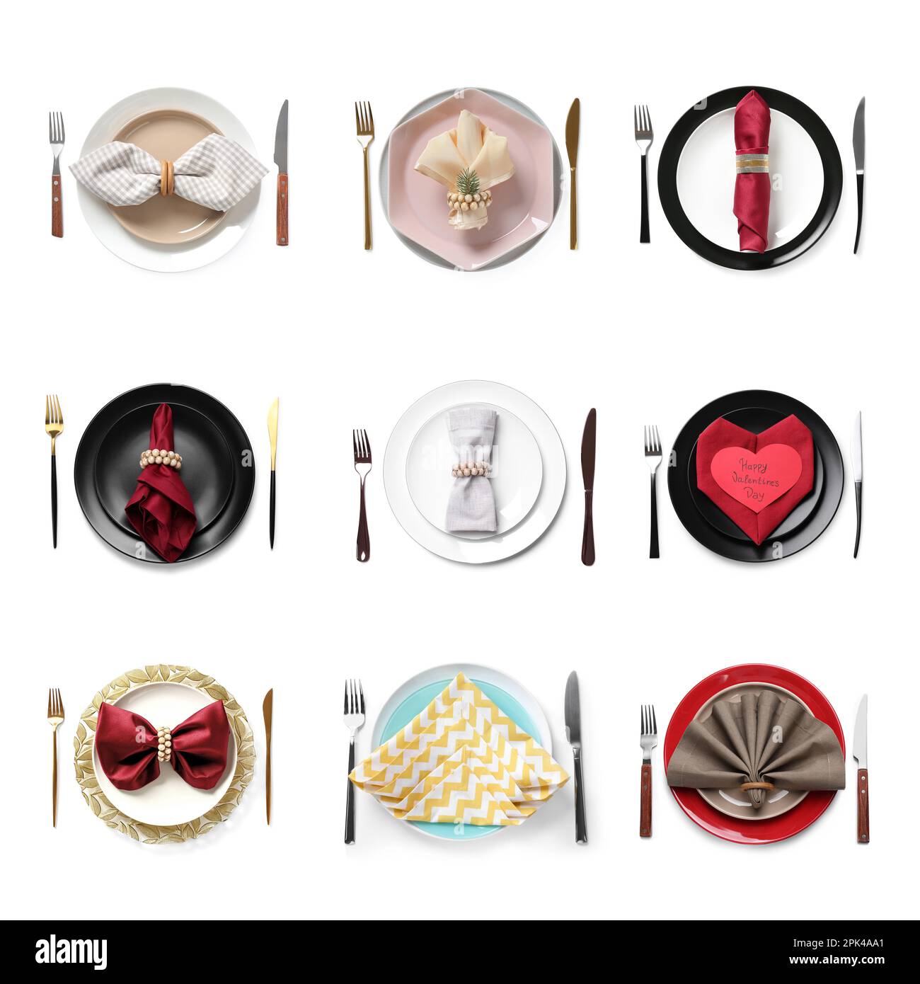 Set with examples of different beautiful table settings on white ...