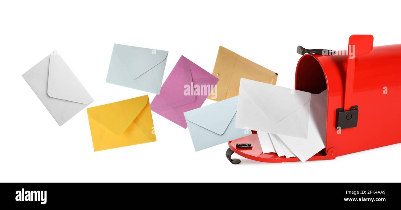Different color envelopes flying out from red letter box on white ...