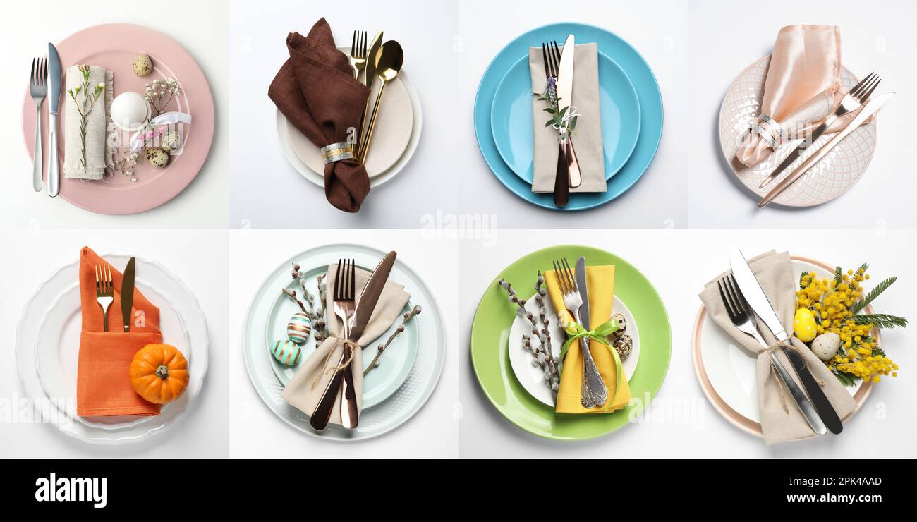 Set with examples of different beautiful table settings on white ...