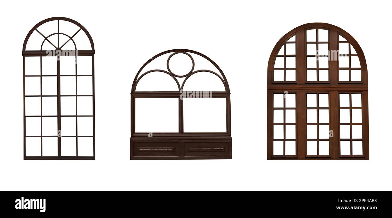 Beautiful wooden arch window frames on white background, collage ...