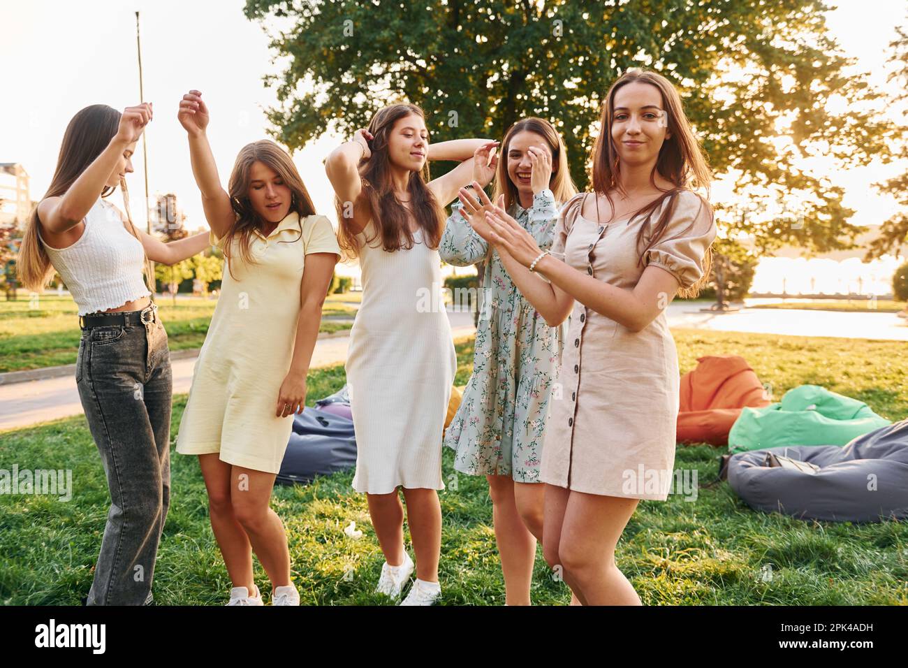 Weekend activities. Group of young people have a party in the park at summer daytime Stock Photo ...