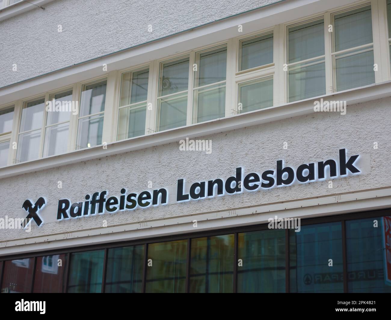 Linz, Austria - August 6, 2022: facade with logo of Raiffeisen Bank is ...