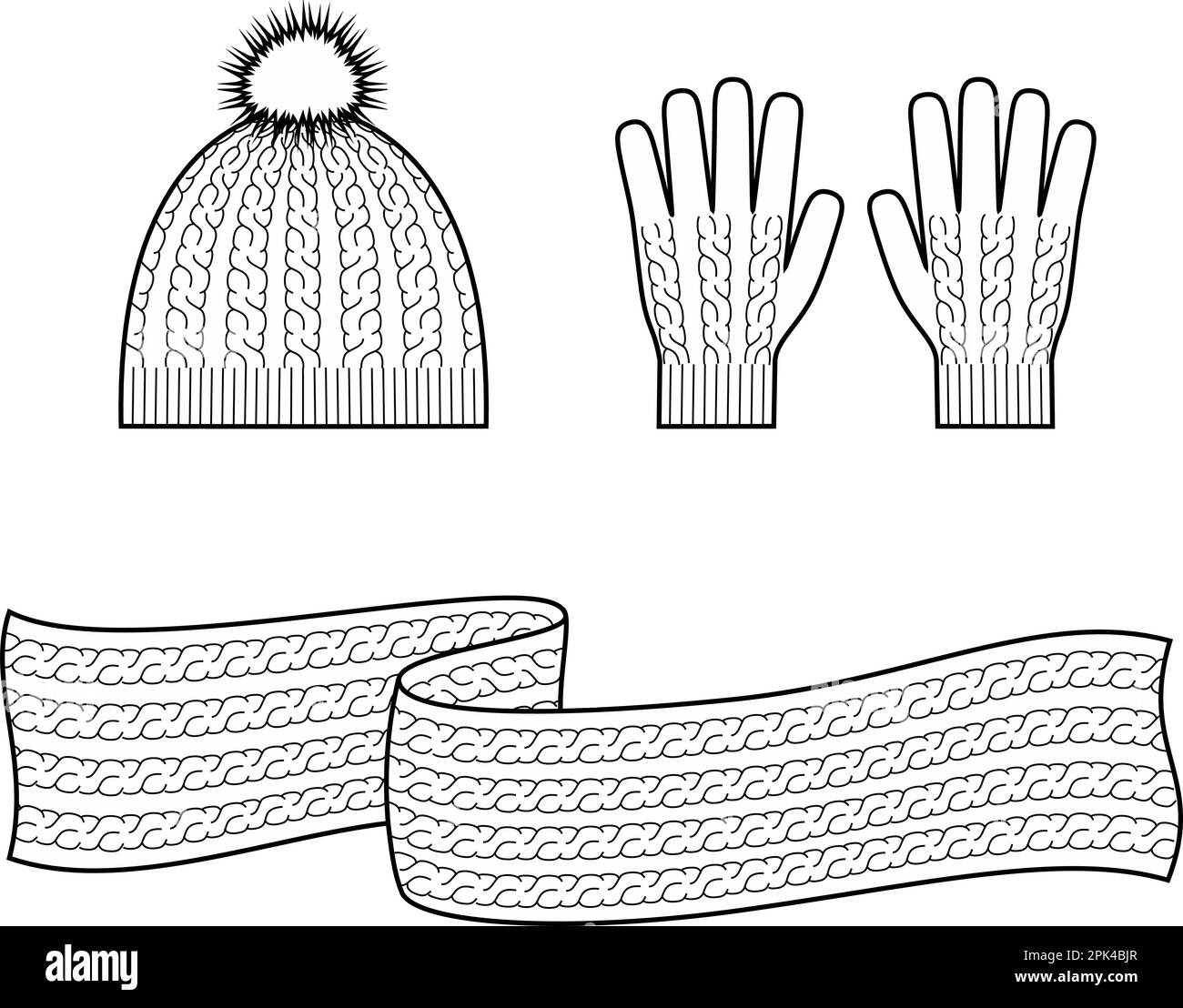 Cable knit cap, scarf, gloves. Knitwear set. Fashion CAD. Vector ...