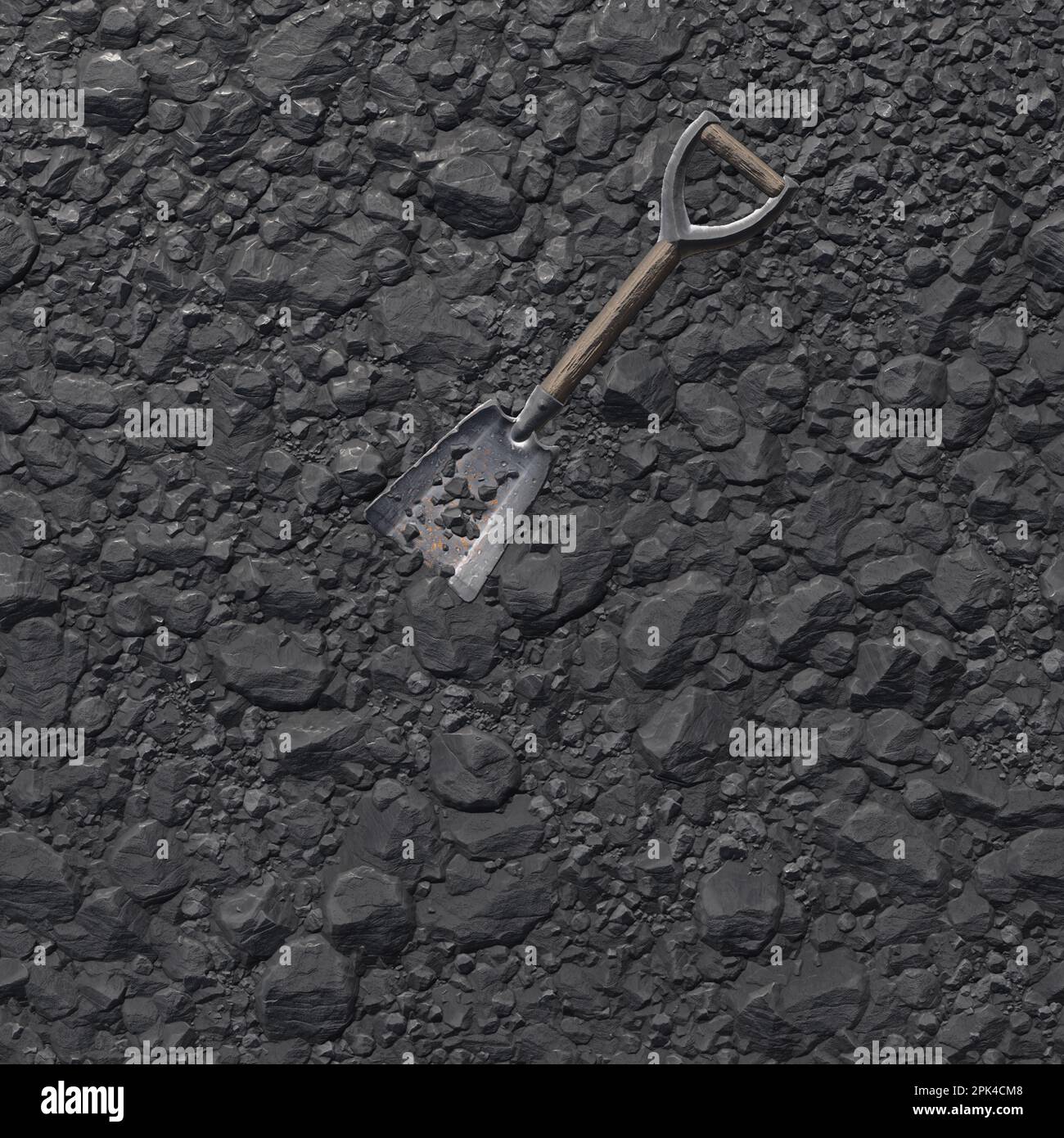 Coal mineral black cube stone background. Coal bunker. Metal shovel ...