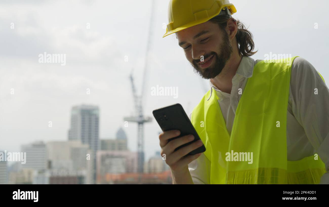 Portrait of smart engineer foreman with safety helmet and vest Stock ...