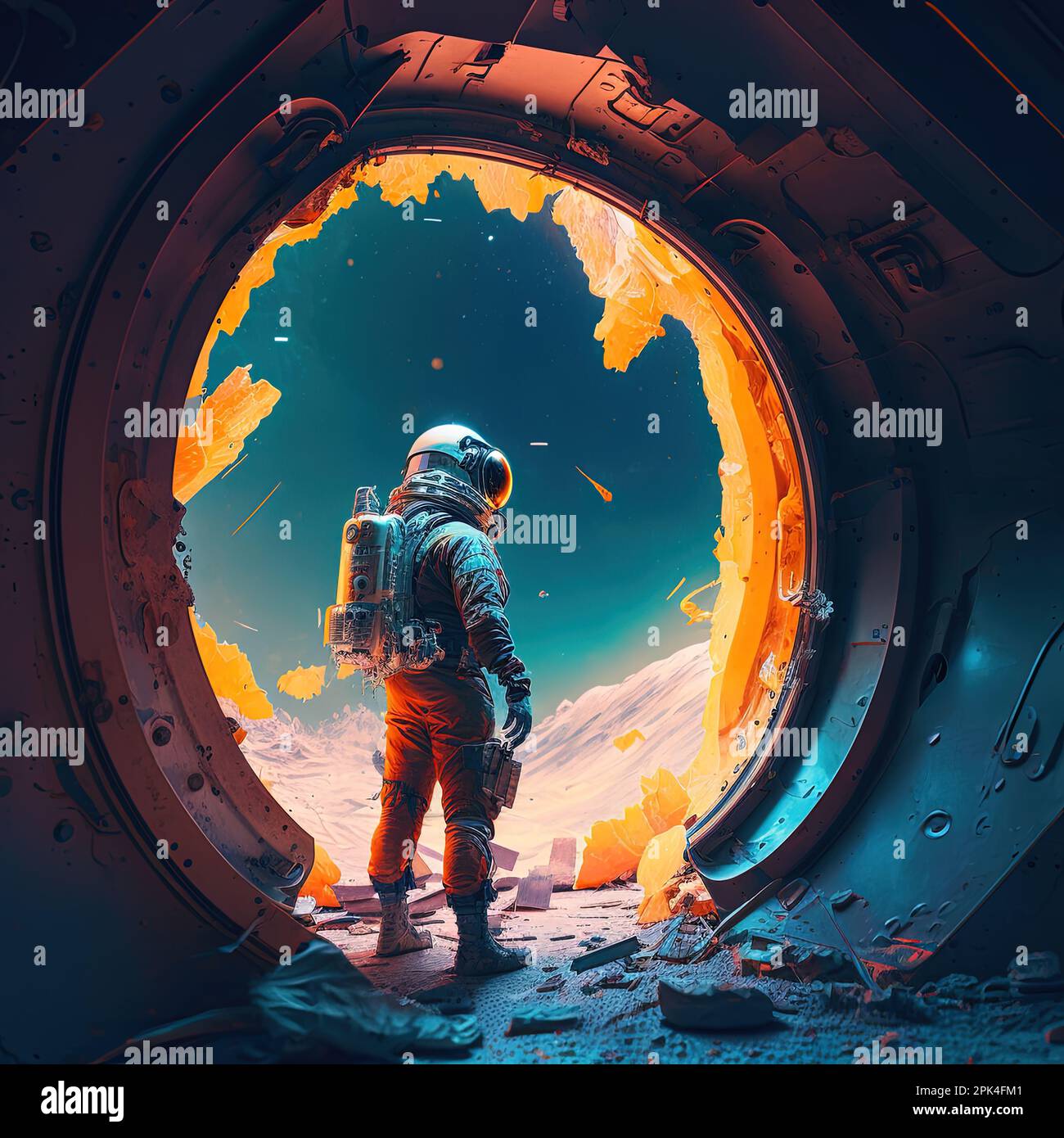 The artwork depicts an astronaut exploring an unknown planet with a stunning view of the galaxy ...