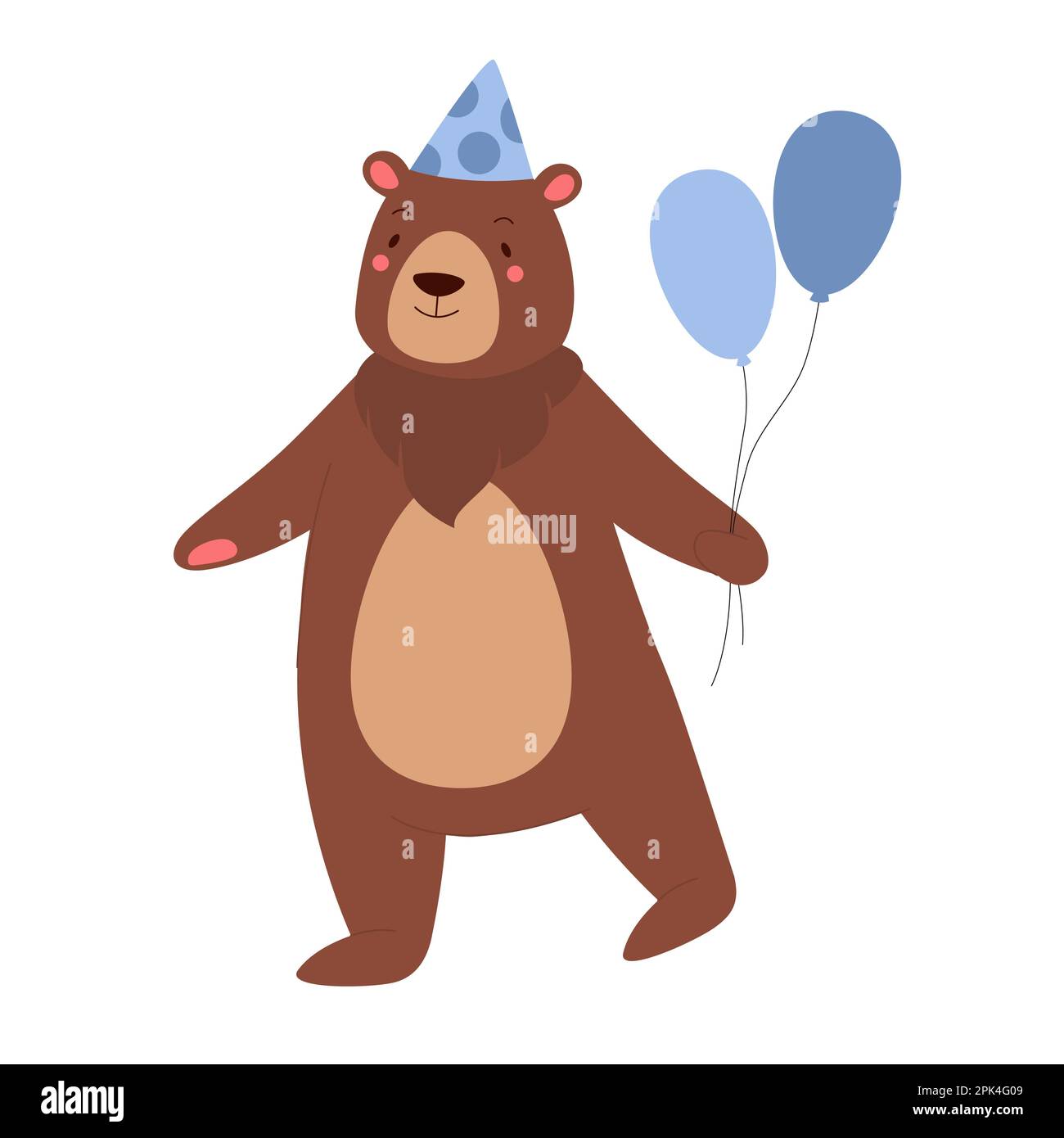Party bear with balloons. Cute happy birthday bear, forest cheerful animal vector illustration ...