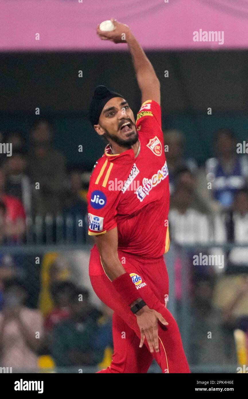 Punjab Kings' Harpreet Singh bowls during the Indian Premier League ...