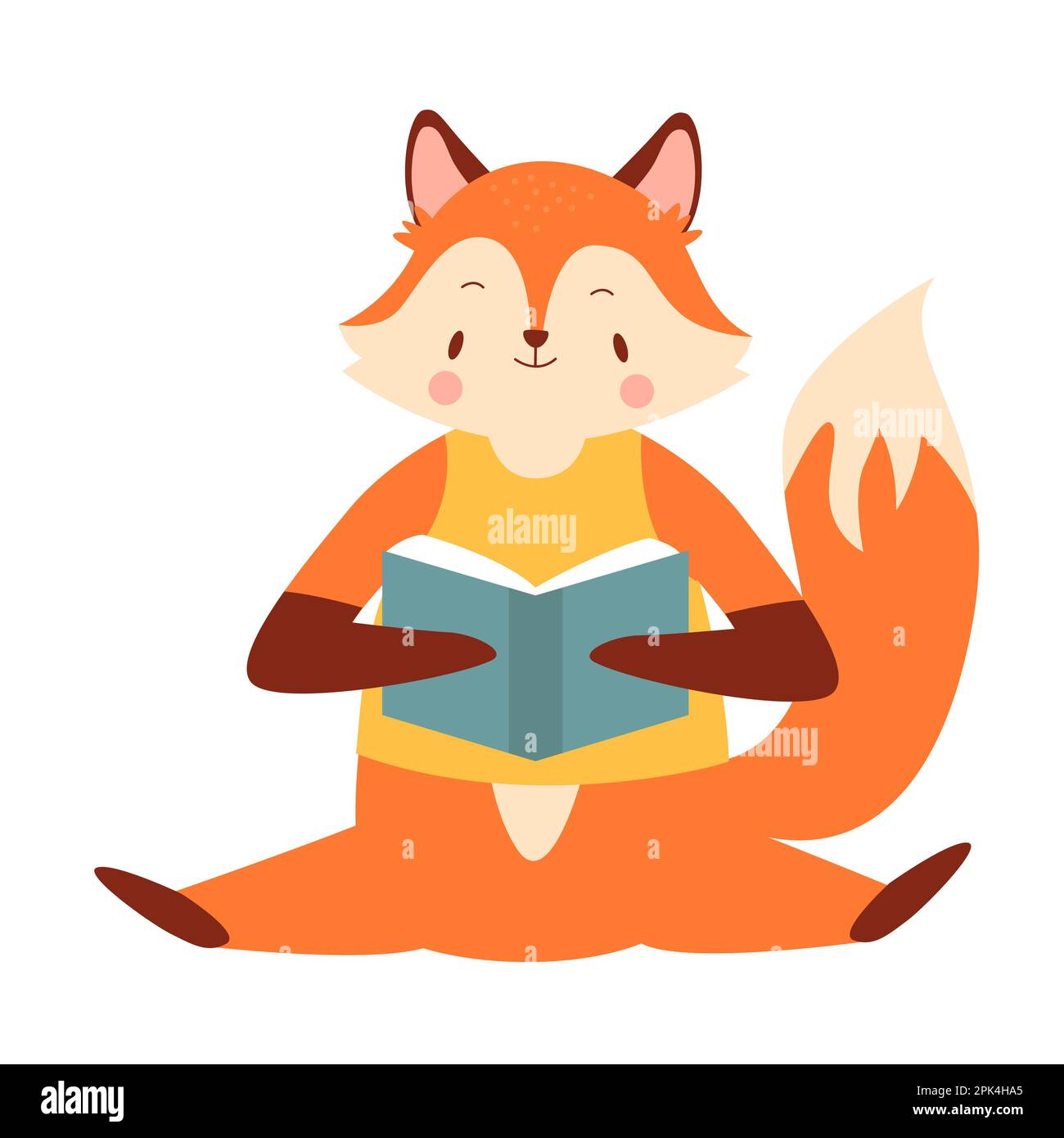 Cute fox reading a book. Little ginger fox in sitting pose, book lover ...