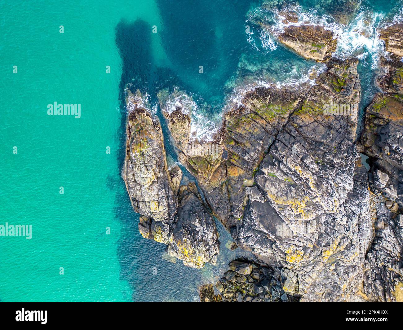 Aerial drone view of Port of Stoth on the Isle of Lewis. Turquoise sea ...