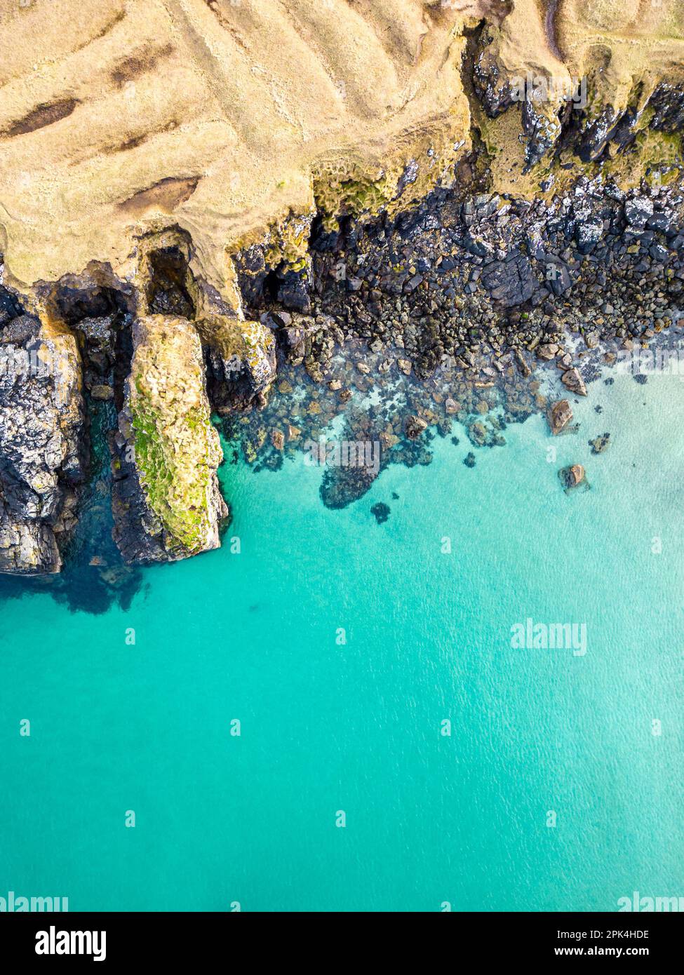 Aerial drone view of Port of Stoth on the Isle of Lewis. Turquoise sea ...