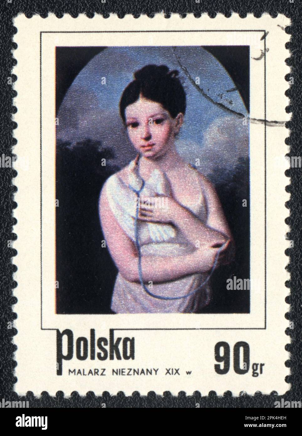 A stamp printed in POLAND shows Painting "Girl with pigeon" by Malarz ...
