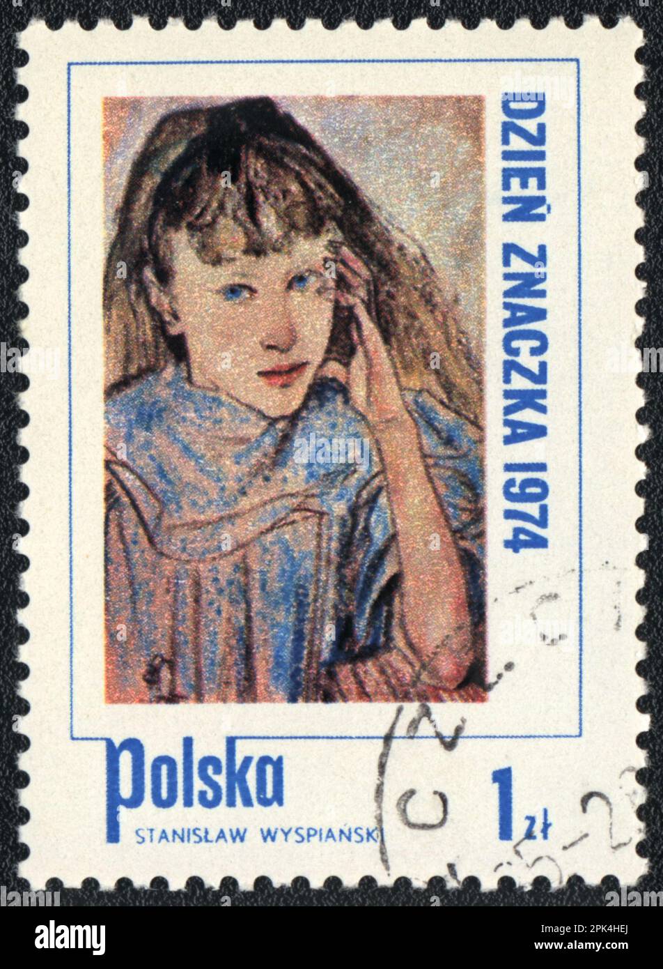 A stamp printed in POLAND shows Day Stamp 1974, Painting "Girl" by ...