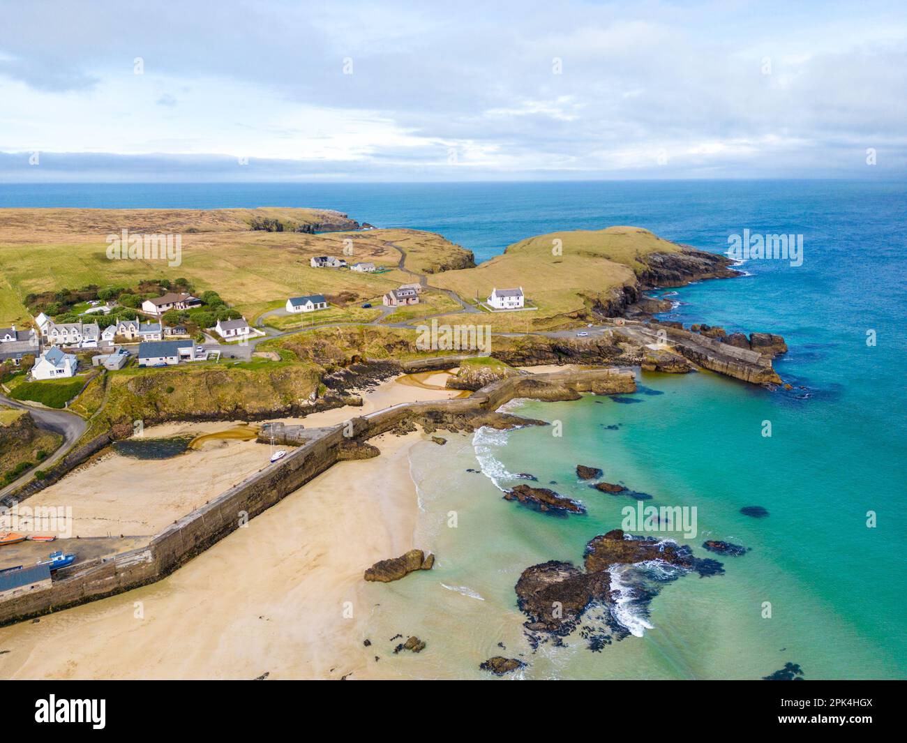 Aerial drone view of Port of Ness on the Isle of Lewis in the Outer ...