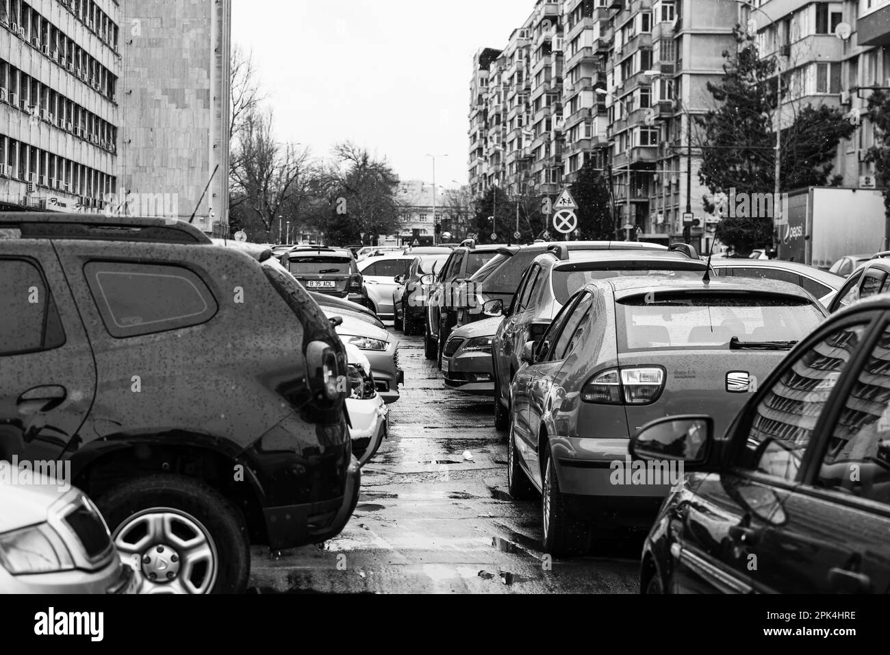 Car traffic, pollution, traffic jam city downtown Bucharest, Romania ...