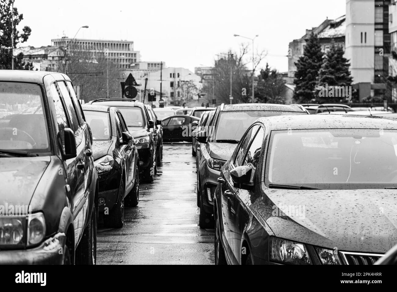 Car traffic, pollution, traffic jam city downtown Bucharest, Romania ...