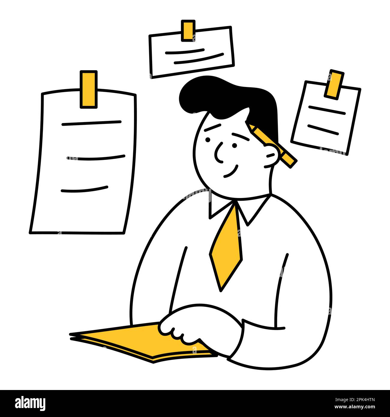 Handsome business man writes notes on paper and stickers, develops a ...