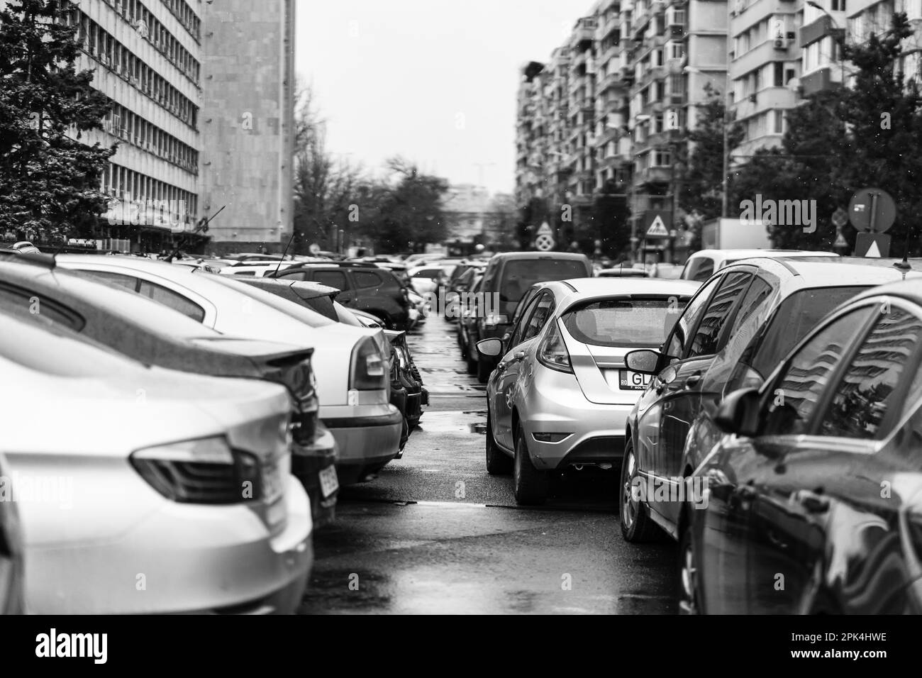 Car traffic, pollution, traffic jam city downtown Bucharest, Romania ...