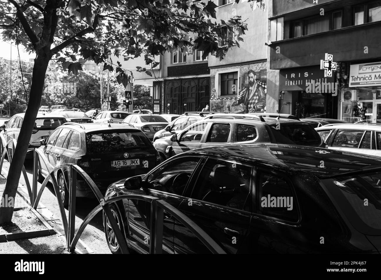 Car traffic, pollution, traffic jam city downtown Bucharest, Romania ...