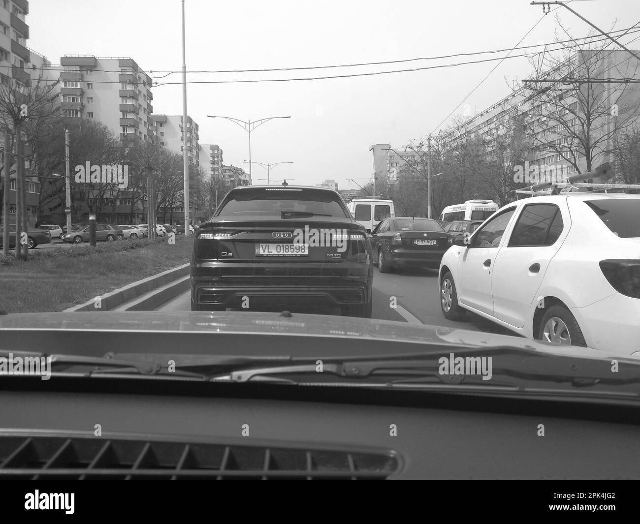 Car traffic, pollution, traffic jam city downtown Bucharest, Romania ...