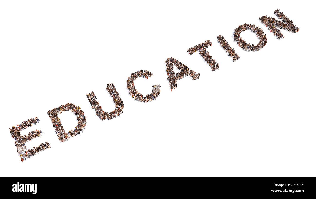 Conceptual large community of people forming the word EDUCATION. 3d ...