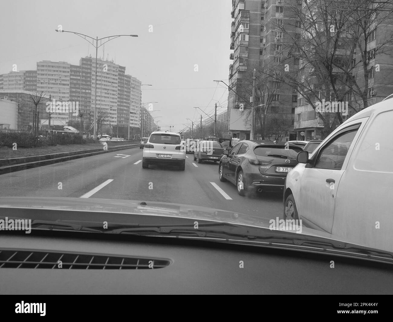 Car traffic, pollution, traffic jam city downtown Bucharest, Romania ...