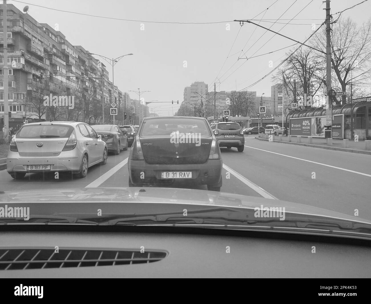 Car traffic, pollution, traffic jam city downtown Bucharest, Romania ...