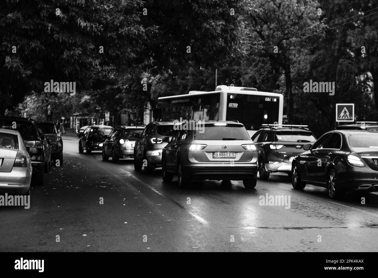 Car traffic, pollution, traffic jam city downtown Bucharest, Romania ...