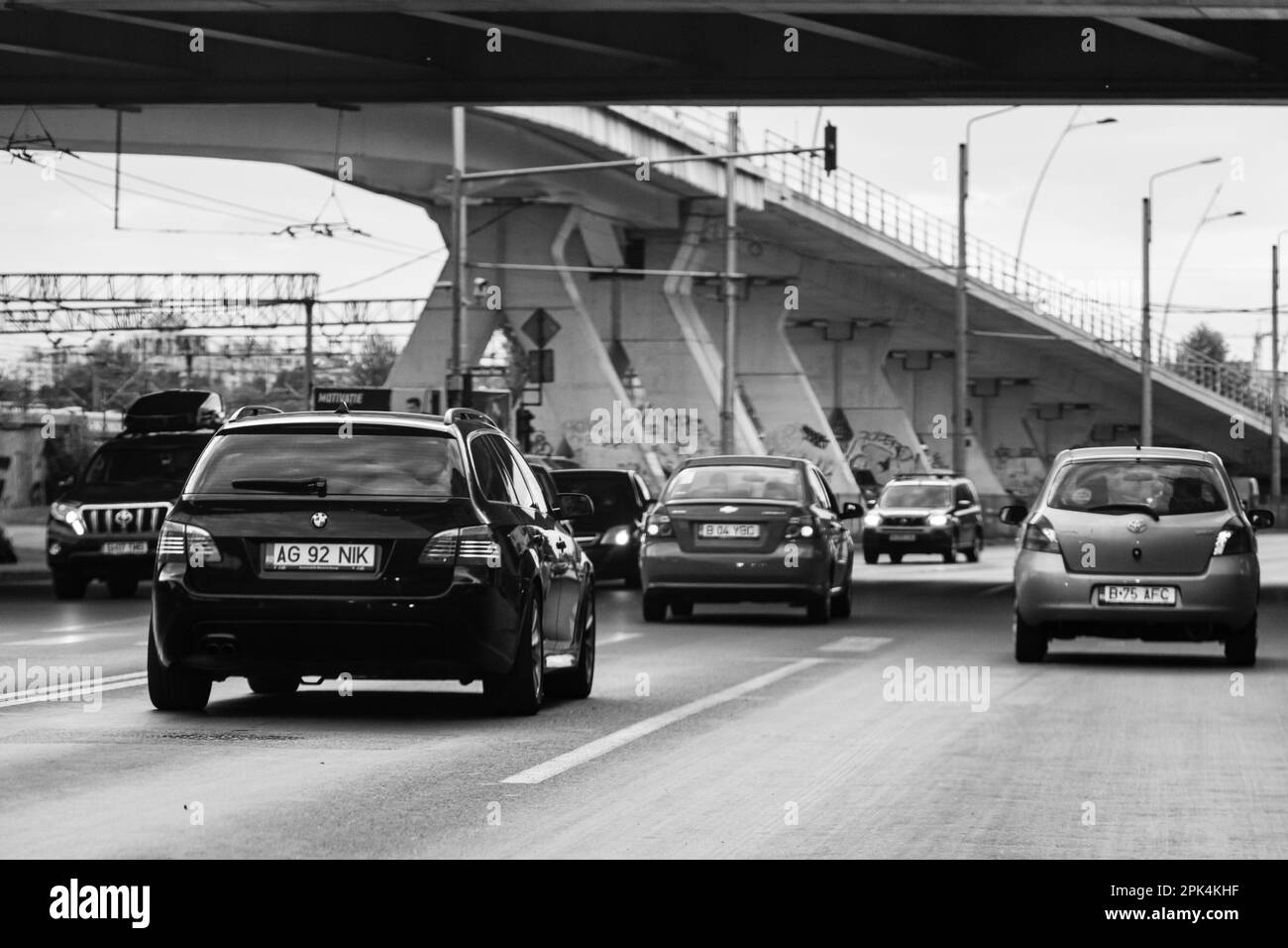 Car traffic, pollution, traffic jam city downtown Bucharest, Romania ...