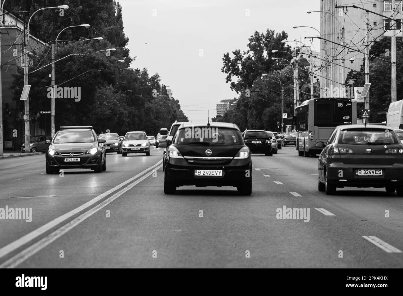 Car traffic, pollution, traffic jam city downtown Bucharest, Romania ...