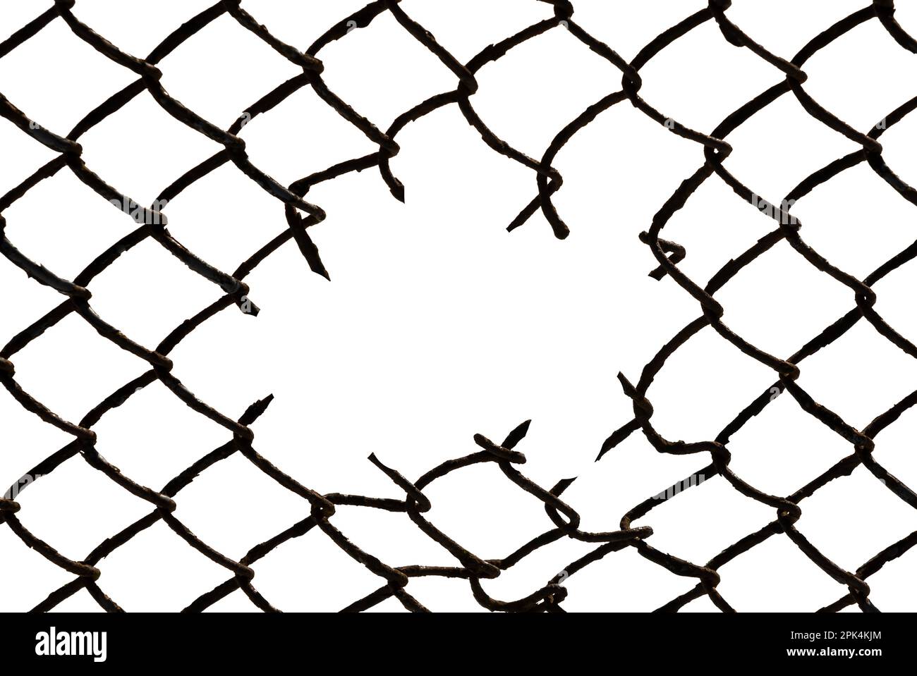 The texture of the metal mesh. Torn, destroyed, broken metal mesh on a ...