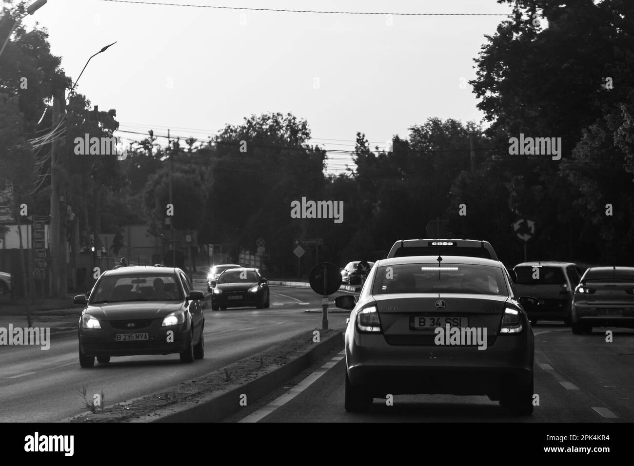 Car traffic, pollution, traffic jam city downtown Bucharest, Romania ...