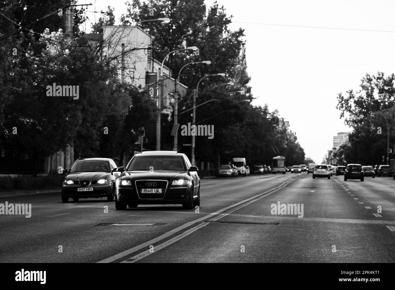Car traffic, pollution, traffic jam city downtown Bucharest, Romania ...