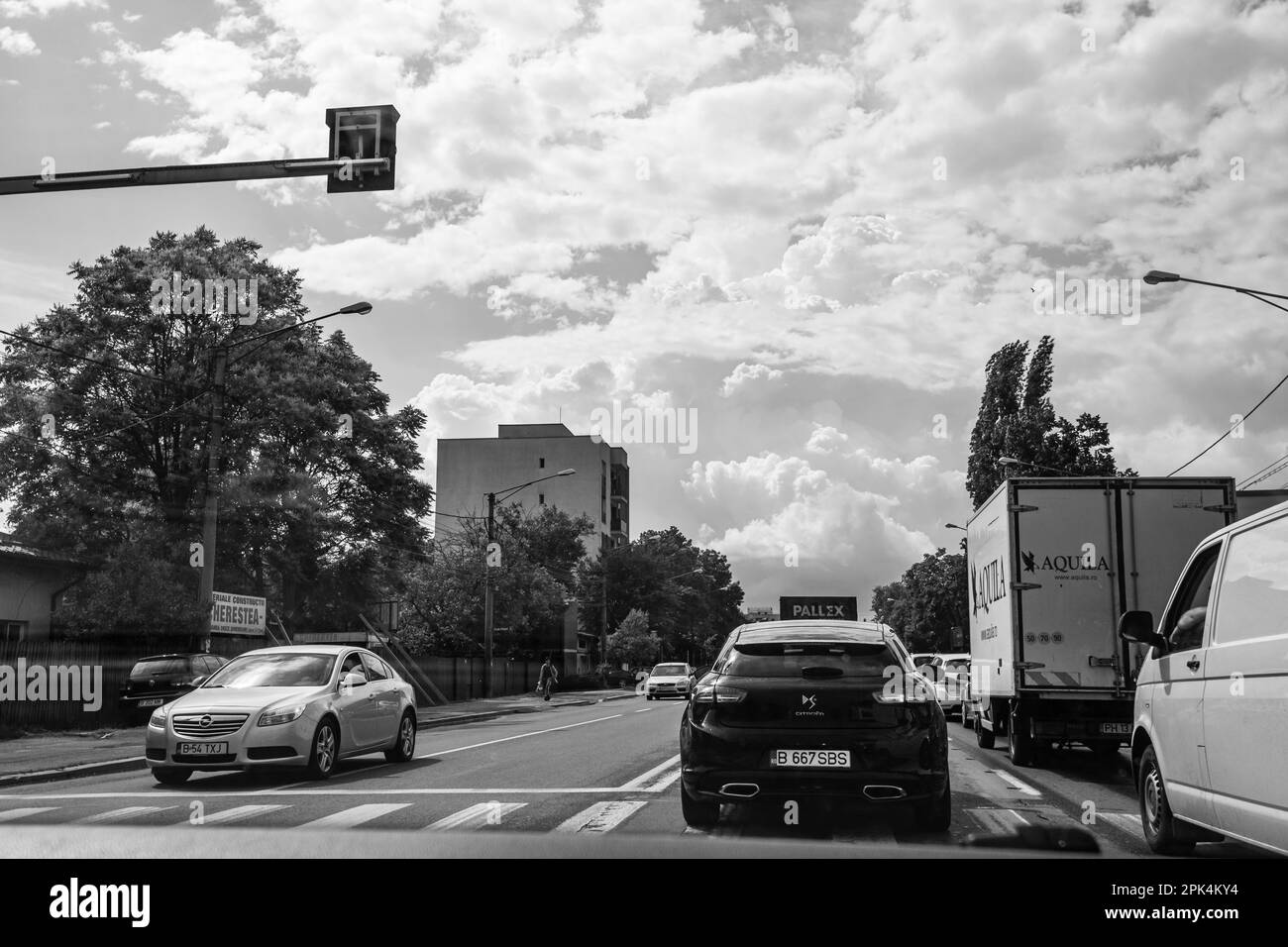 Car traffic, pollution, traffic jam city downtown Bucharest, Romania ...