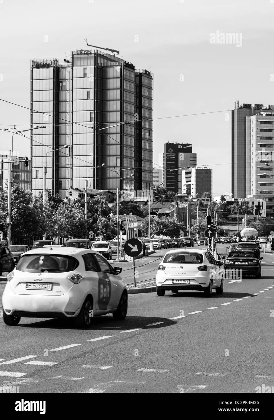 Car traffic, pollution, traffic jam city downtown Bucharest, Romania ...