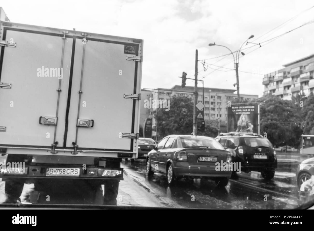 Car traffic, pollution, traffic jam city downtown Bucharest, Romania ...