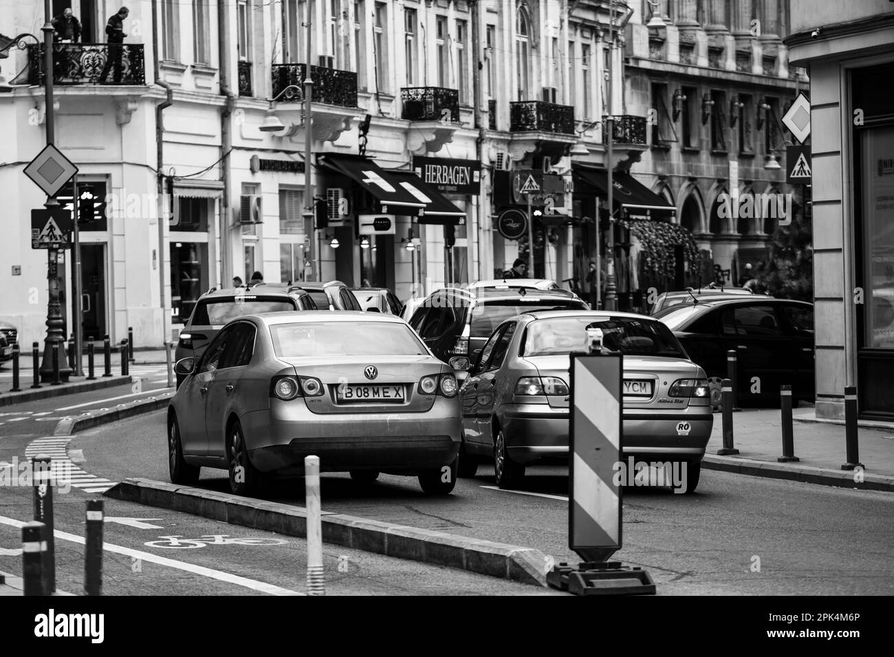 Car traffic, pollution, traffic jam city downtown Bucharest, Romania ...