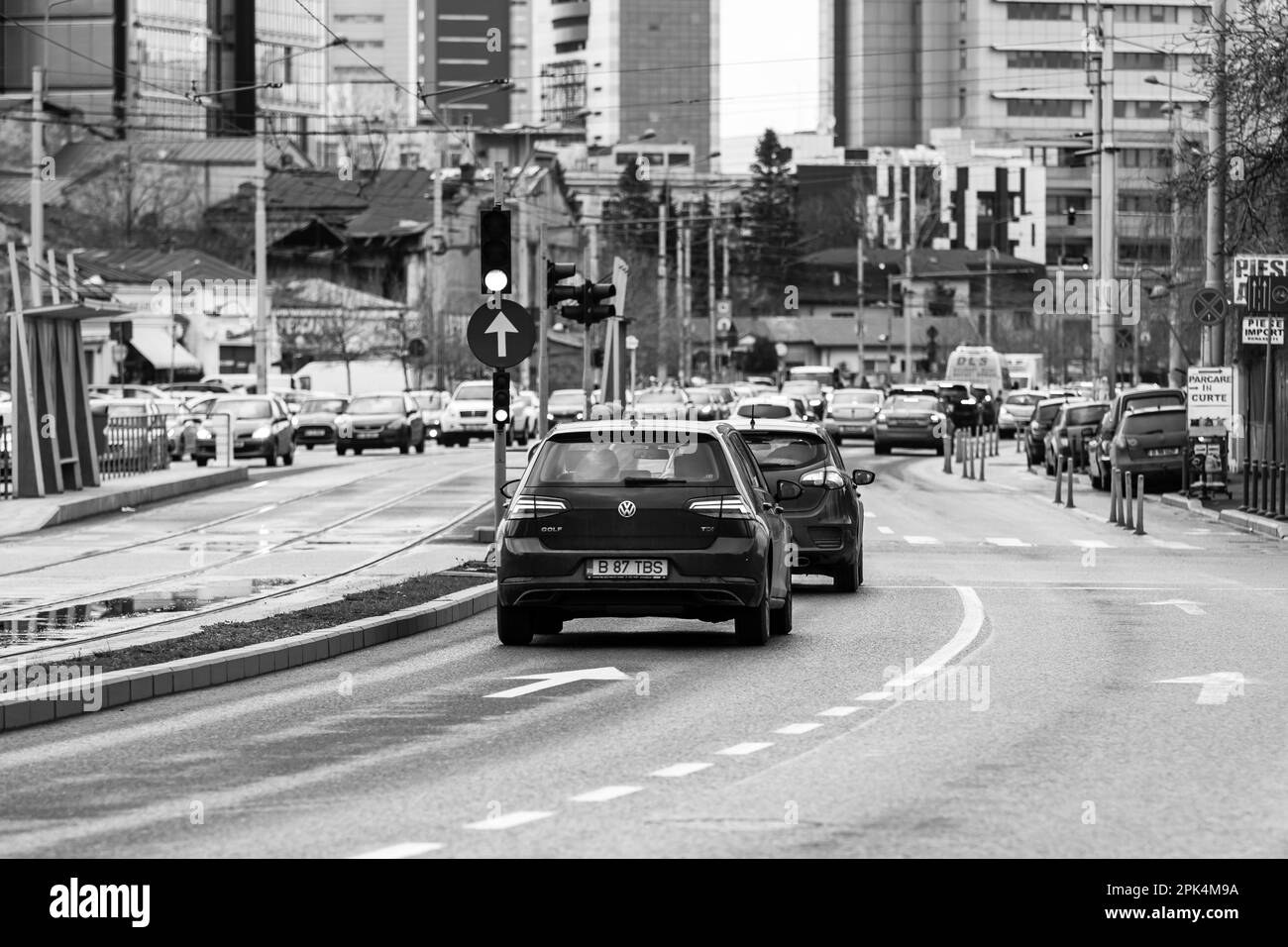 Car traffic, pollution, traffic jam city downtown Bucharest, Romania ...