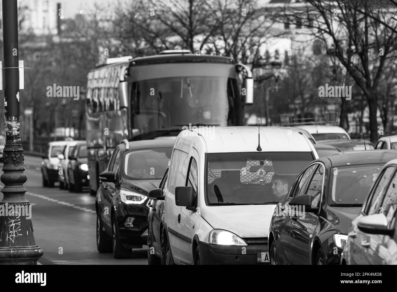 Car traffic, pollution, traffic jam city downtown Bucharest, Romania ...