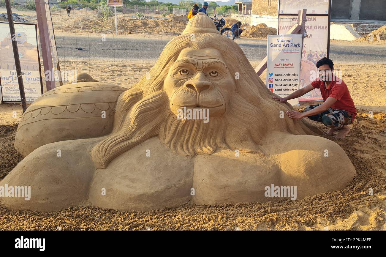 Pushkar, Rajasthan, India, April 5, 2023: A sand art of Lord Hanuman ...
