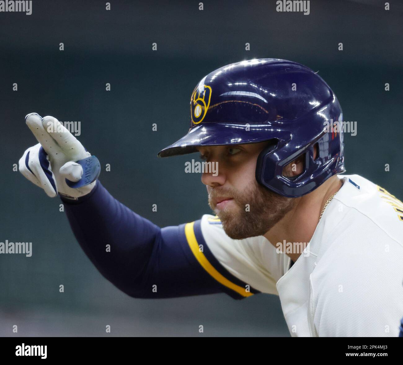Milwaukee Brewers first baseman Owen Miller reacts after his run ...