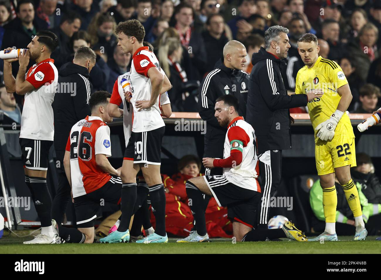 ROTTERDAM - (LR) Alireza Jahanbaksh of Feyenoord, Oussama Idrissi of Feyenoord, Mats Wieffer of ...