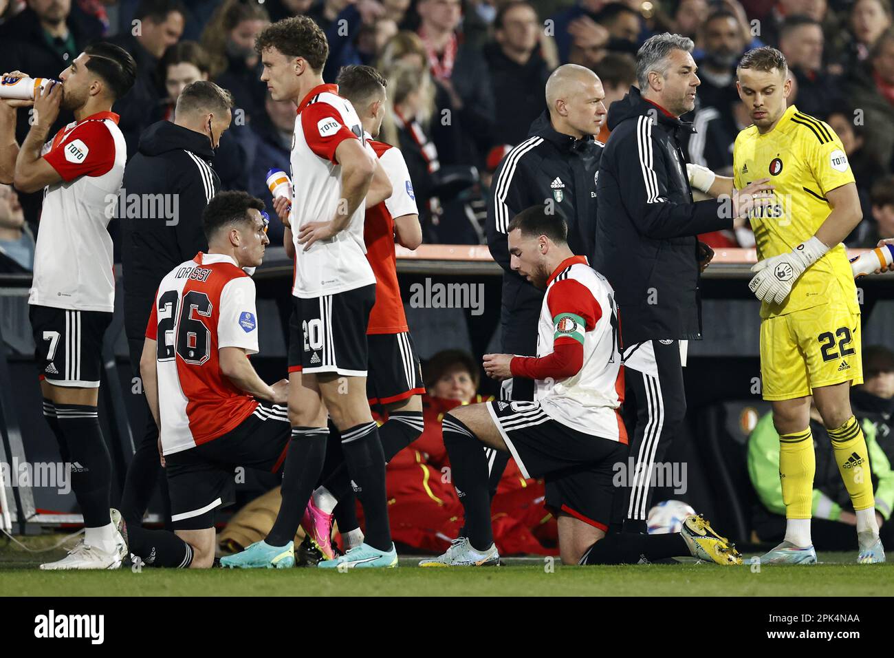 ROTTERDAM - (LR) Alireza Jahanbaksh of Feyenoord, Oussama Idrissi of Feyenoord, Mats Wieffer of ...