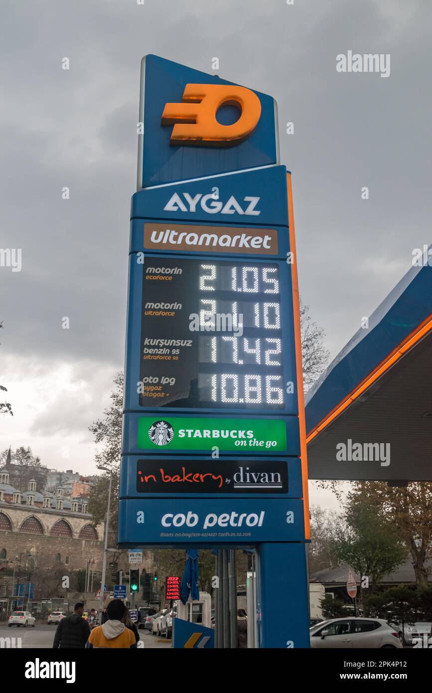 Istanbul, Turkey - December 11, 2022: Fuel price board on Aygaz gas ...