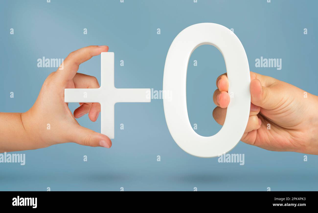Plus zero. Big size concept. White number 0 with a plus in hand on a ...