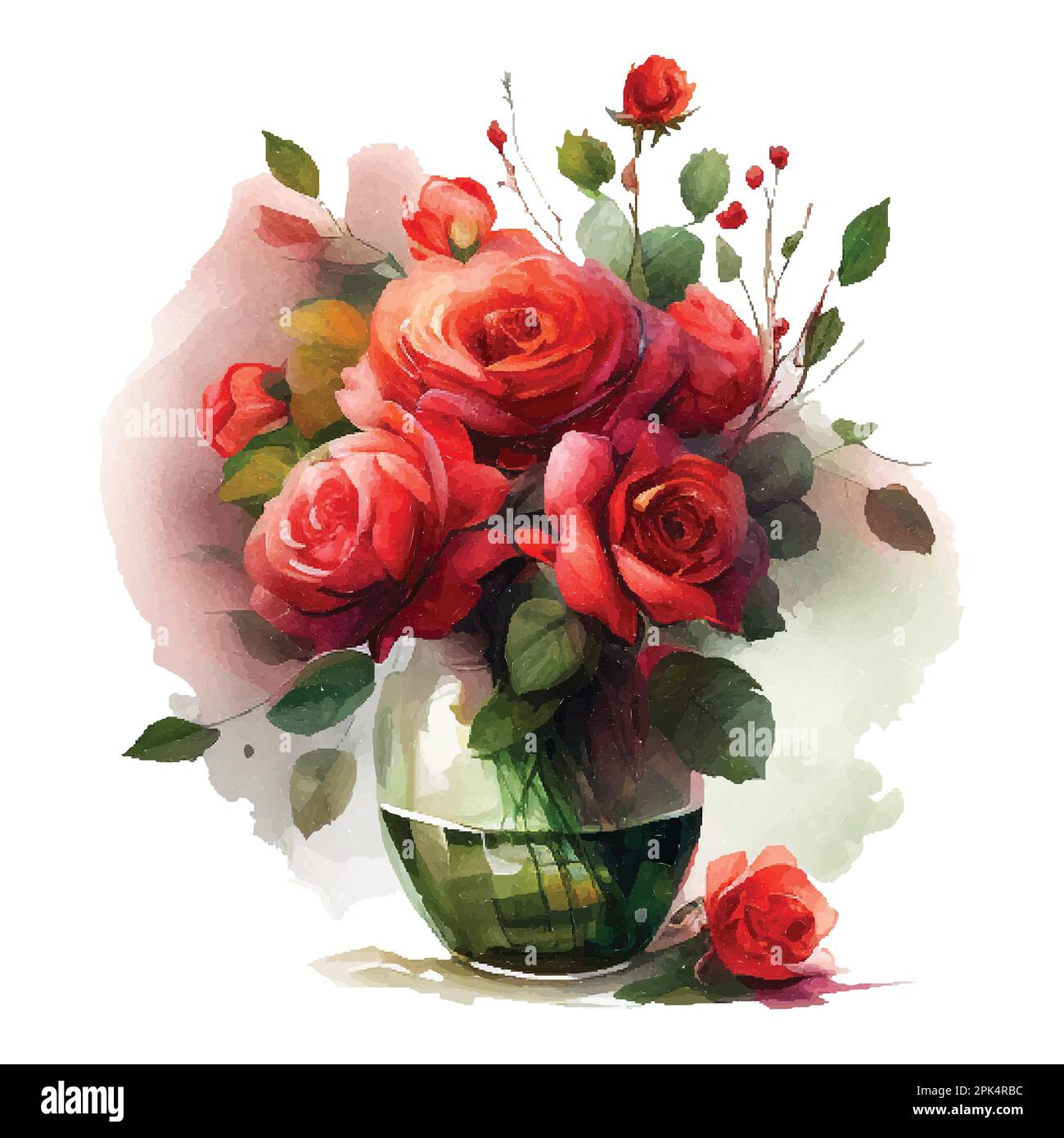 Watercolor bouqet with red Roses in vase. Collection magenta flowers ...