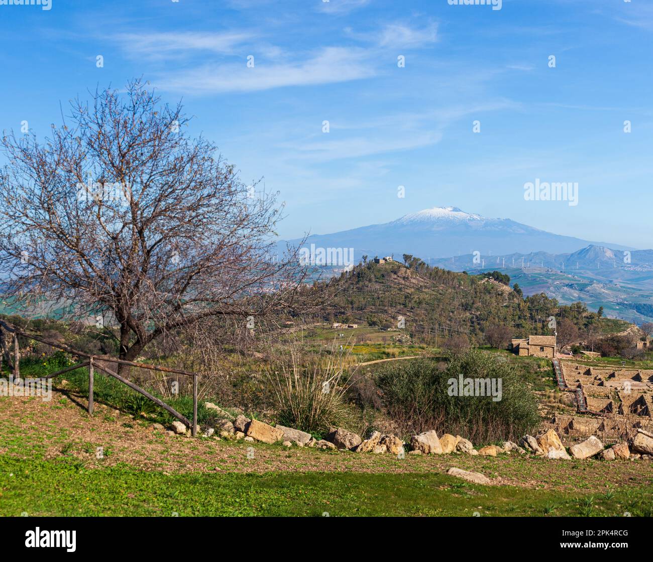 Panoramic view of the ancient greek city of Morgantina with Etna ...
