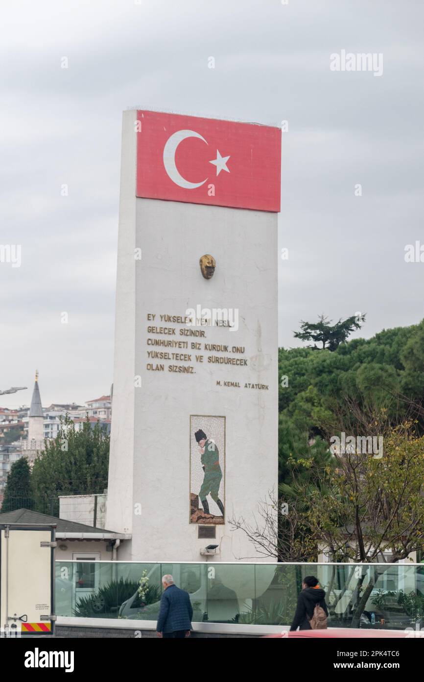 Istanbul, Turkey - December 10, 2022: Ataturk statue with quate of M ...