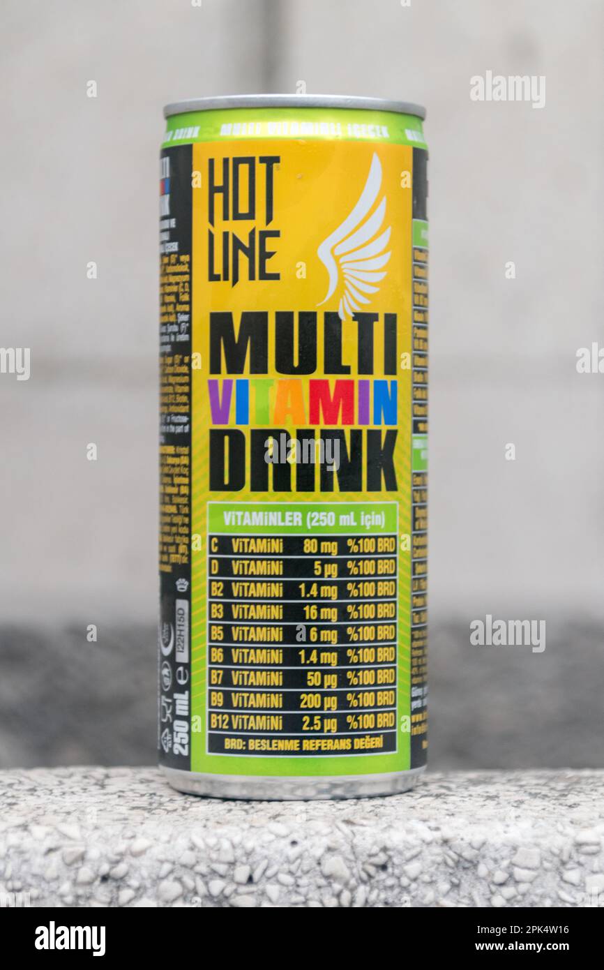 Istanbul, Turkey - December 10, 2022: Can of Hot Line multi vitamin ...